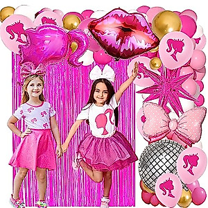 Hot Pink Party Decorations Pink Balloon Garland Arch Kit Pink Princess Girl Bow Balloons Hot Pink Rose Red Light Pink Matte White Balloons Silver Disco Ball Pink Foil Fringe Backdrop
