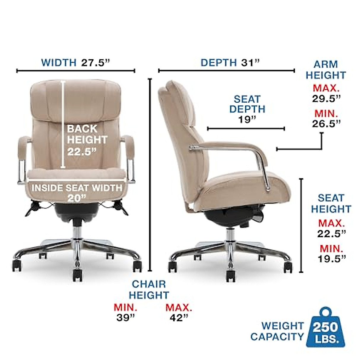 La-Z-Boy Sutherland Quilted Leather Executive Office Chair with Padded Arms, High Back Ergonomic Desk Chair with Lumbar Support, Cream Microfiber Fabric