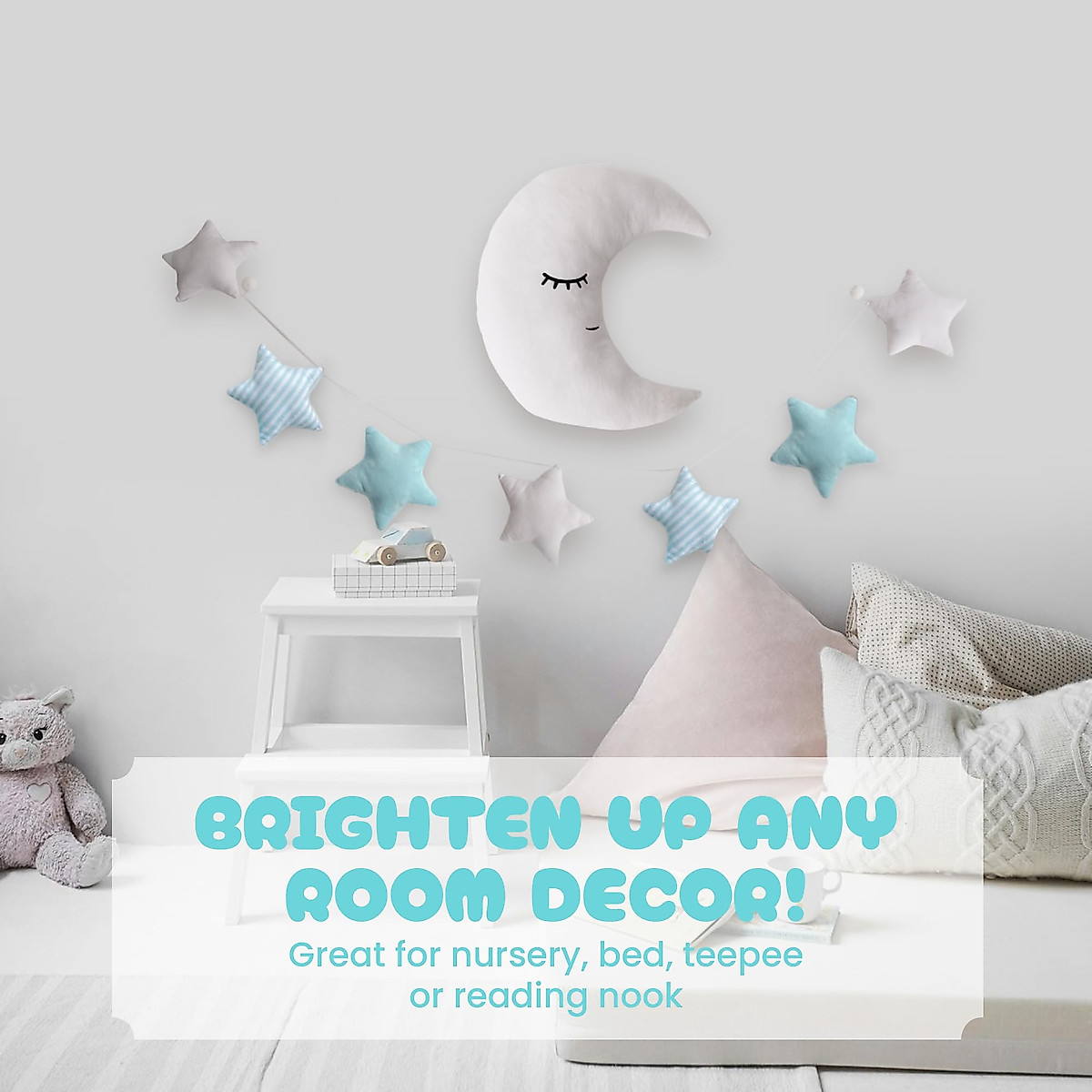 Perfectto Design Kid’s Moon Decorative Pillow, Stars Garland for Girls Toddler Room - Fluffy Moon, Stars Wall Decor, Soft Cute Throw Pillow for Bed, Bedroom Boho Teepee Ornament Decoration