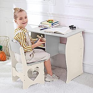 ocinone Kids Desk and Chair Set, Children Study Desk with Storage Shelf, Wooden School Study Table, Writing Table for Home School Use (Grey Beige)