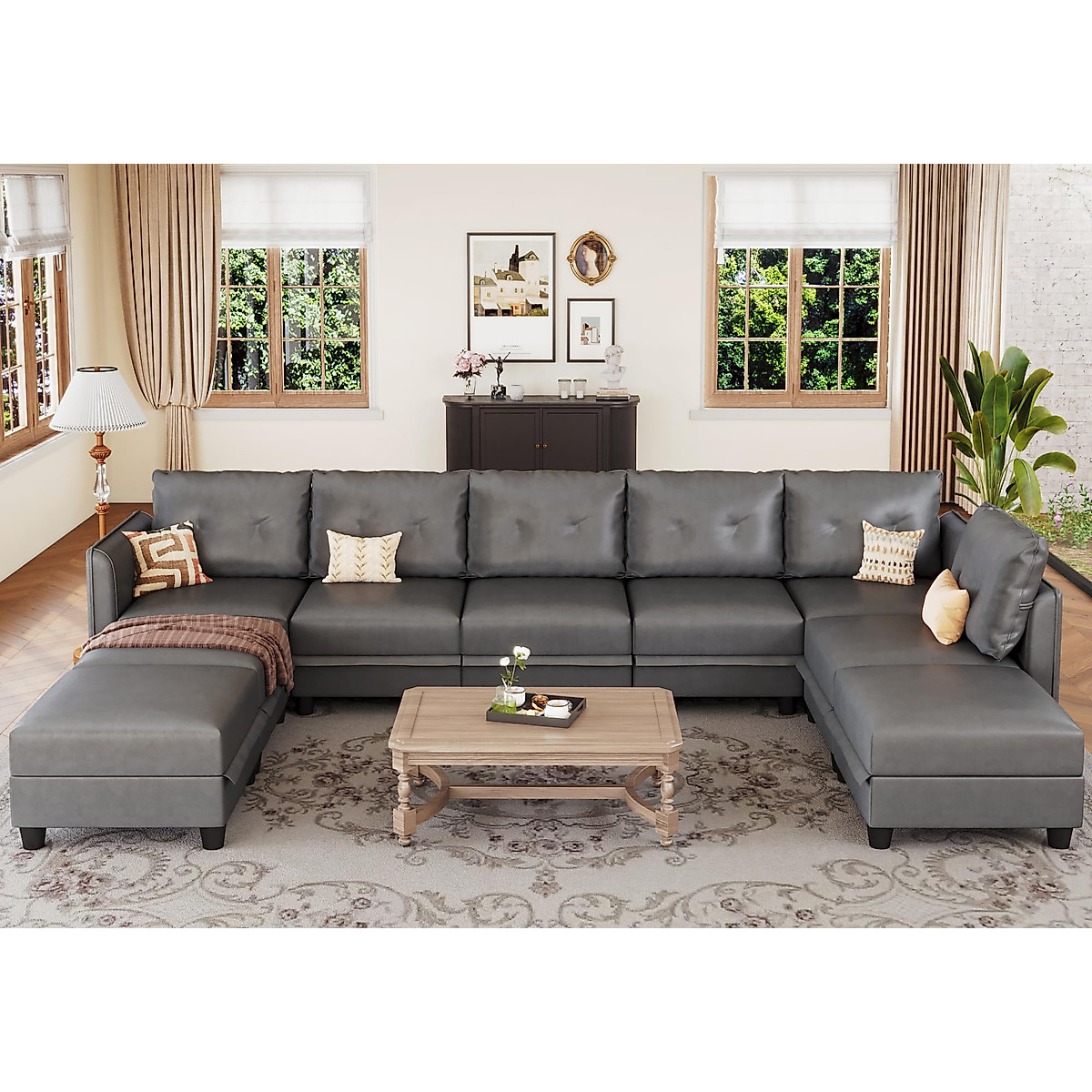 LLappuil Modular Sectional Sofa with Reversible Chaise, U Shaped Couch with Storage, Modern Faux Leather Fabric Sofa with Ottoman, Oversized Sectionals for Living Room, 9 Seat, Dark Grey