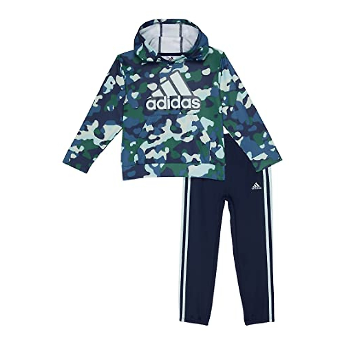 adidas Boys Long Sleeve Camo Fleece Hooded Pullover Set, Collegiate Navy with Tech Olive, 4T