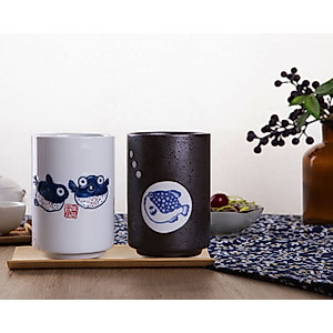 WHJY 10oz Transitional Chinese/Japanese style Handle-less Ceramic Tea cups teacup, Puffer Pattern Set of 2