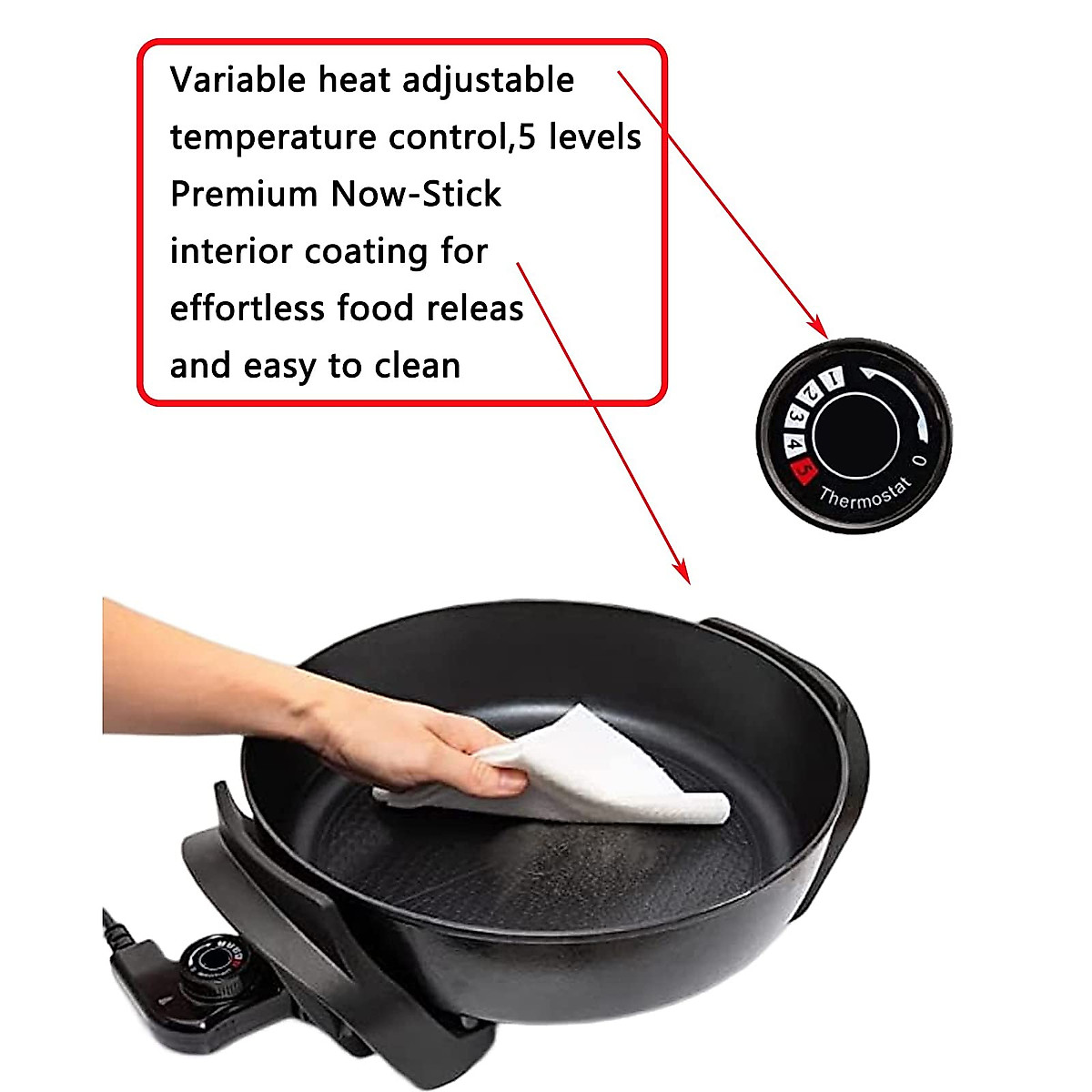 Nonstick Extra Deep Electric Skillet - With Lid With Steam Vent (12 Inch)