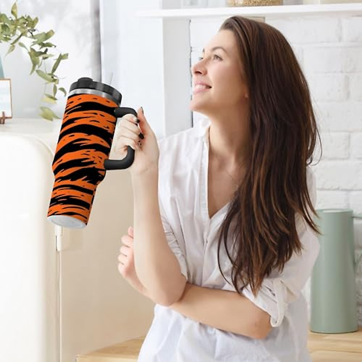 Flradish 30oz Tumbler with Handle, Tiger Skin Texture Stainless Steel Tumbler with Lid and Straws Double Wall Vacuum Insulated Leakproof Coffee Travel Mug