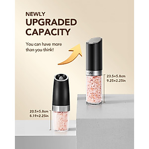 Sangcon Gravity Electric Salt and Pepper Grinder Set, Battery Salt and Pepper Mill Set with Dust Cover, 8 Oz Large Capacity Automatic Pepper Shaker with Light，Adjustable Coarseness, 2 Pack (Black)