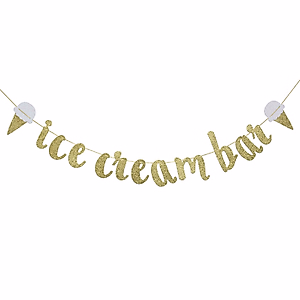 Ice Cream Bar Banner Hanging Garland for Ice Cream Theme Party Birthday Wedding Engagement Baby Shower Party Photo Prop Sign (Gold Glitter)