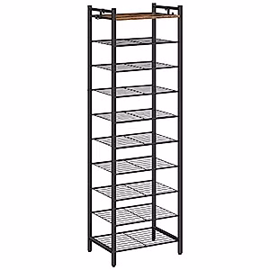 MAHANCRIS 10-Tier Metal Shoe Rack, Narrow Shoe Storage Organizer for Closet Entryway, Hold 9-20 Pairs of Shoes, Tall Skinny Shoe Shelf with 9 Metal Shelves, Easy Assembly, Rustic Brown SRHR1001Z