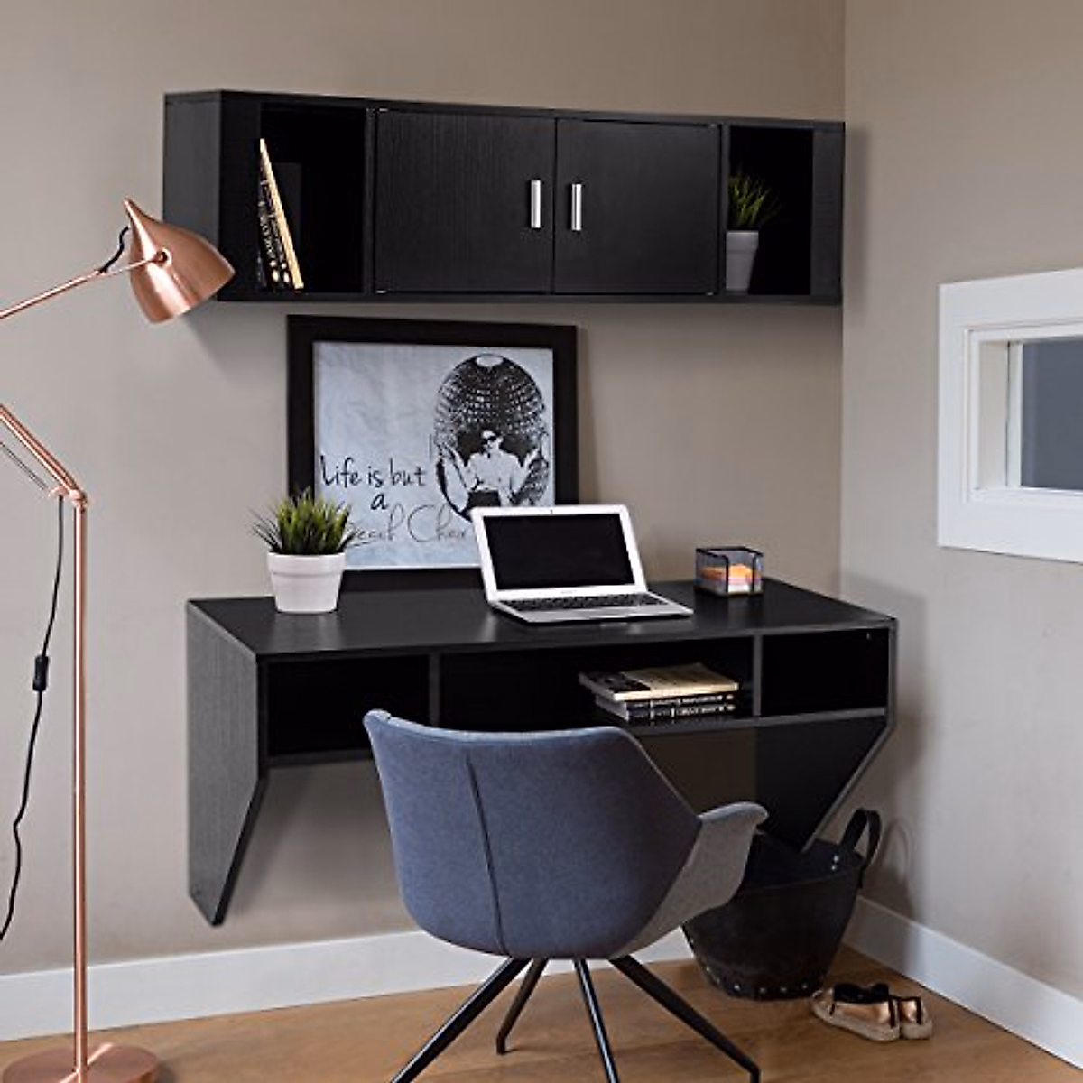 Giantex Wall Mounted Floating Computer Desk with Storage Shelves for Home Office Bedroom Home Work Station Desk, Black