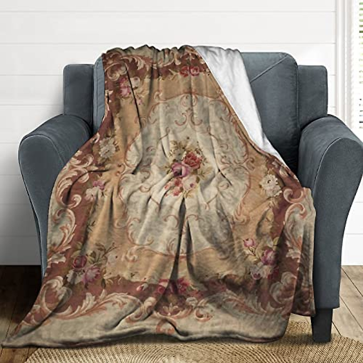 Antique Rose Floral French Aubusson Rug Flannel Fleece Throw Blankets 50"X40" Lightweight Fluffy Winter Fall Blanket Cozy Soft Fuzzy Plush Home Decor for Couch Bed Sofa Bedroom Living Room Travel