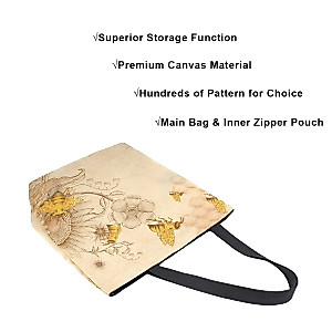 ALAZA Sunflower Bee Retro Large Canvas Tote Bag Shopping Shoulder Handbag with Small Zippered Pocket