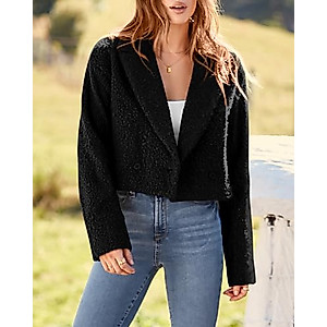 BTFBM 2023 Women's Fashion Fuzzy Fleece Short Jacket Fall Winter Lapel Button Down Outerwear Long Sleeve Faux Fur Coat(Solid Black, Medium)