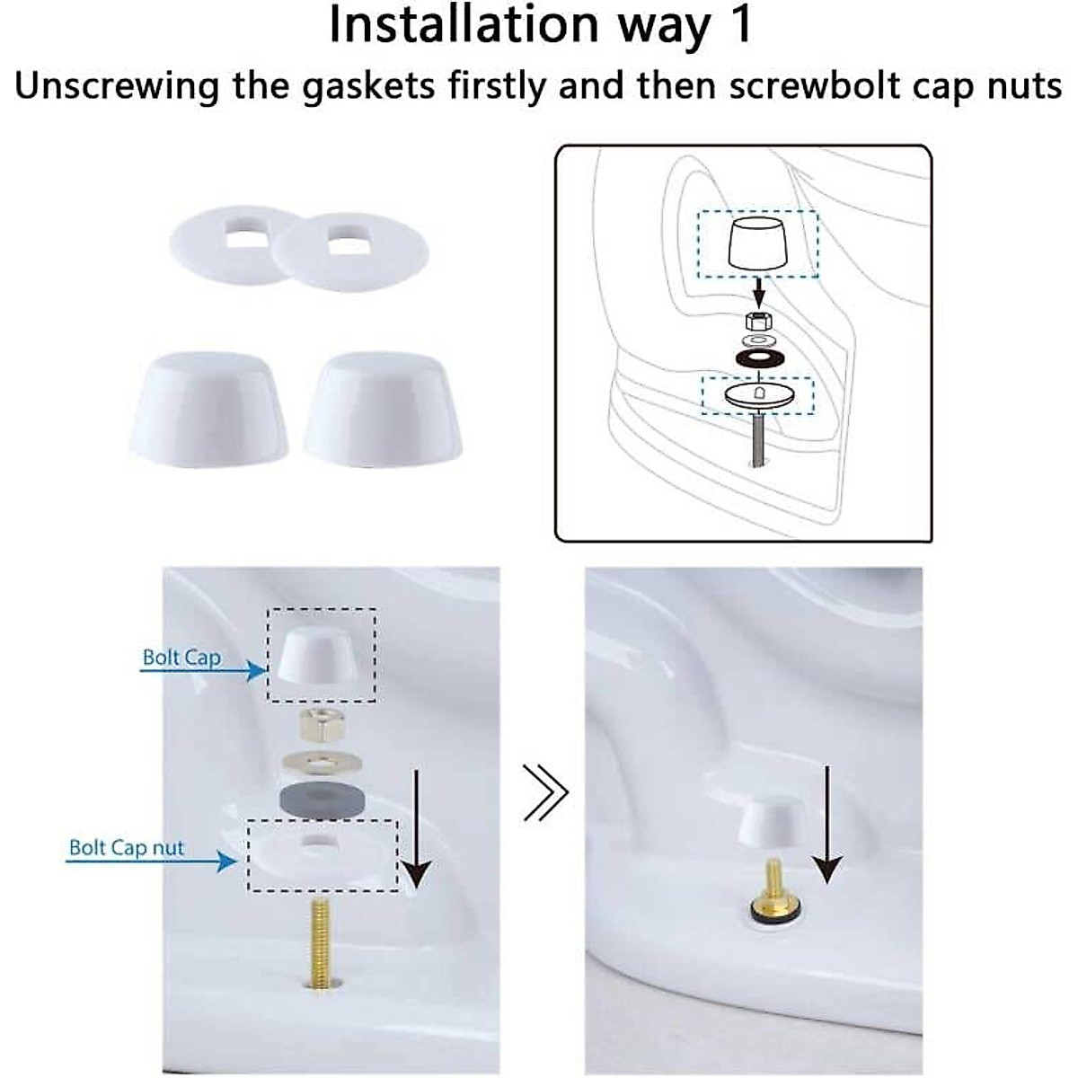 Hibbent 6 Packs Universal Toilet Bolt Caps, Toilet Push-On Bolt Caps Covers with Extra Washers for White/Almond Color Finish - 1.44 inch/ 1.1 inch/ 0.85 inch Height