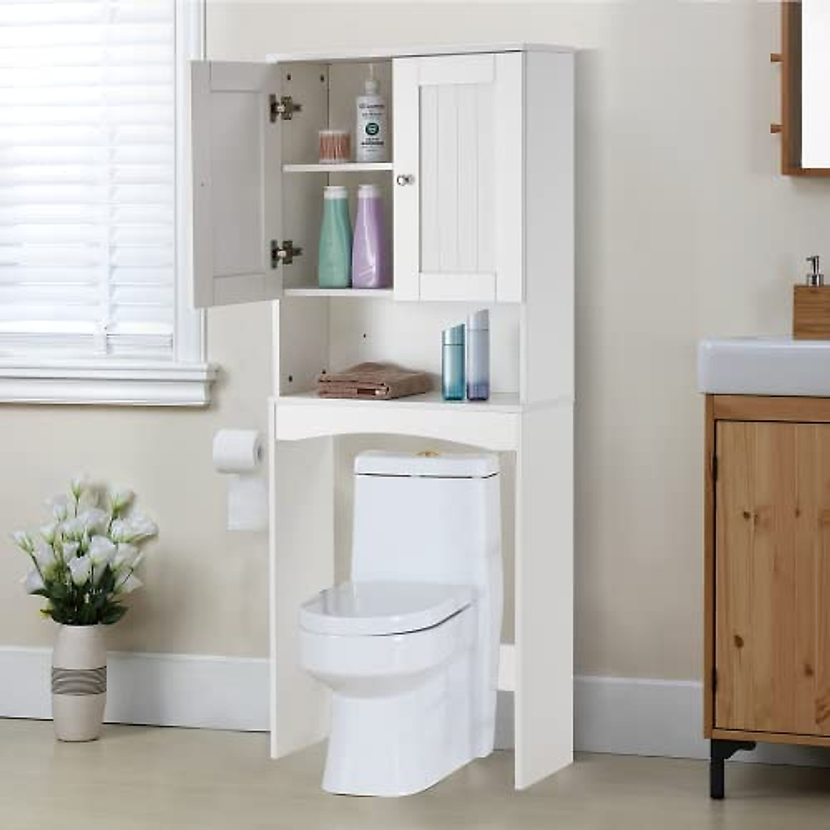 Recaceik Home Bathroom Shelf Over-The-Toilet, Wooden 3-Tier Toilet Storage Shelves for Bathroom, Free-Standing Bathroom Cabinet Organizer Over Toilet 61 Inch Tall, White