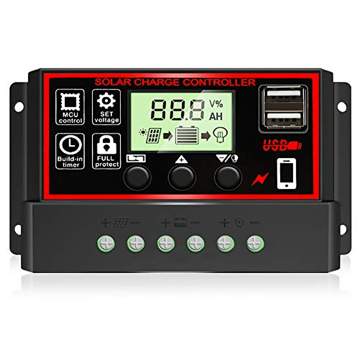 2Pcs 30A Solar Charge Controller, Black Solar Panel Battery Intelligent Regulator with Dual USB Port 12V/24V PWM Auto Paremeter Adjustable LCD Display