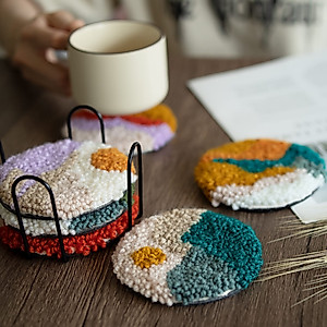 Temlum Punch Needle Coasters Kit, Punch Needle Embroidery Kit for Beginners and Adults Including Patterns, Tools, Yarns, Hoop, Instruction, Coaster Holder Coaster Art Craft Supplies (Landscape)