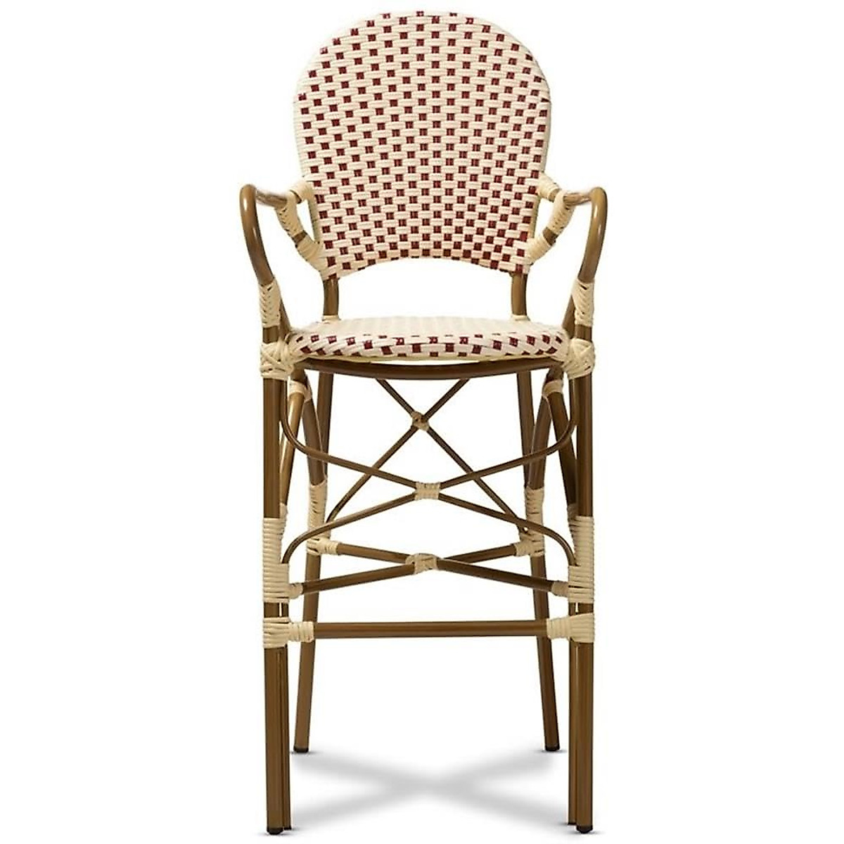 Baxton Studio Marguerite Classic French Indoor and Outdoor Beige and Red Bamboo Style Stackable Bistro Bar Stool