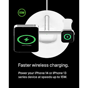 Belkin MagSafe Charger, 3-in-1 Wireless Charging Stand, 2ND GEN, 33% Faster for Apple Watch, iPhone 16, iPhone 15, iPhone 14 Series, AirPods - MagSafe Charging Station for Multiple Devices - White