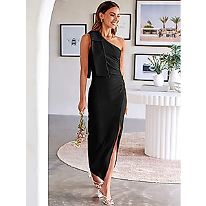 ANRABESS Women's Summer One Shoulder Long Semi Formal Dresses Sleeveless Ruched Bodycon Wedding Guest Cocktail Slit Maxi Dress 2023 Gala Graduation Prom Dress 749heise-S Black