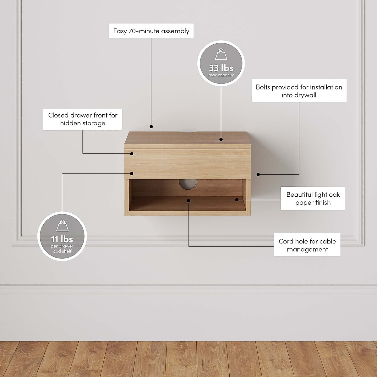 Nathan James Jackson Wall Mounted Floating Bedroom Nightstand with Storage Drawer and Modern Open Shelf Cubby, Light Oak Wood