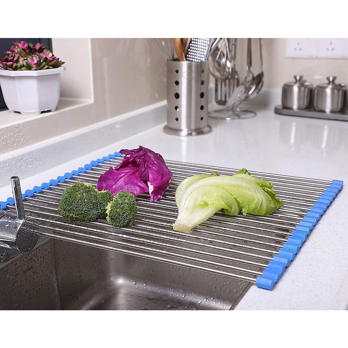 Ahyuan 17.8''x16'' Roll up Dish Drying Rack Over The Sink Dish Drying Rack 304 Stainless Steel Dish Rack Foldable Dish Drainers for Kitchen Sink Counter (Blue)