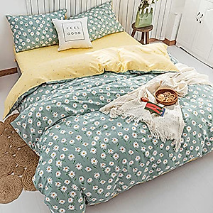 Sage Green Floral Duvet Cover Twin Soft Cotton Bedding Set Daisy Floral Printed on Green Bedding Duvet Cover, Modern Botanical Comforter Set with Zipper Closure
