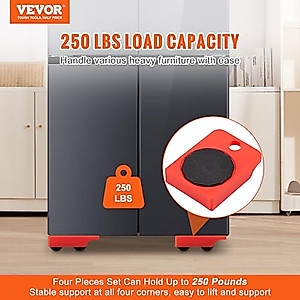 VEVOR Furniture Movers Slides Kit,4 Pack Appliance Roller with 4PP Wheels & 360° Rotation Non-Slip Cap and Heightening Pads,250Lbs Capacity Furniture Lift Mover Tool Set for Moving Heavy Furniture,Red
