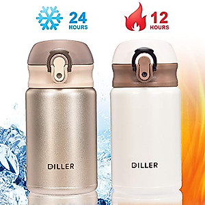 Diller Thermal Water Bottle - 10 Oz Mini Insulated Stainless Steel Bottle, Leakproof Cute Vacuum Flask, Perfect for Purse or Kids Lunch Bag, 12 Hours Hot & 24 Hours Cold (Gold, 10 oz)