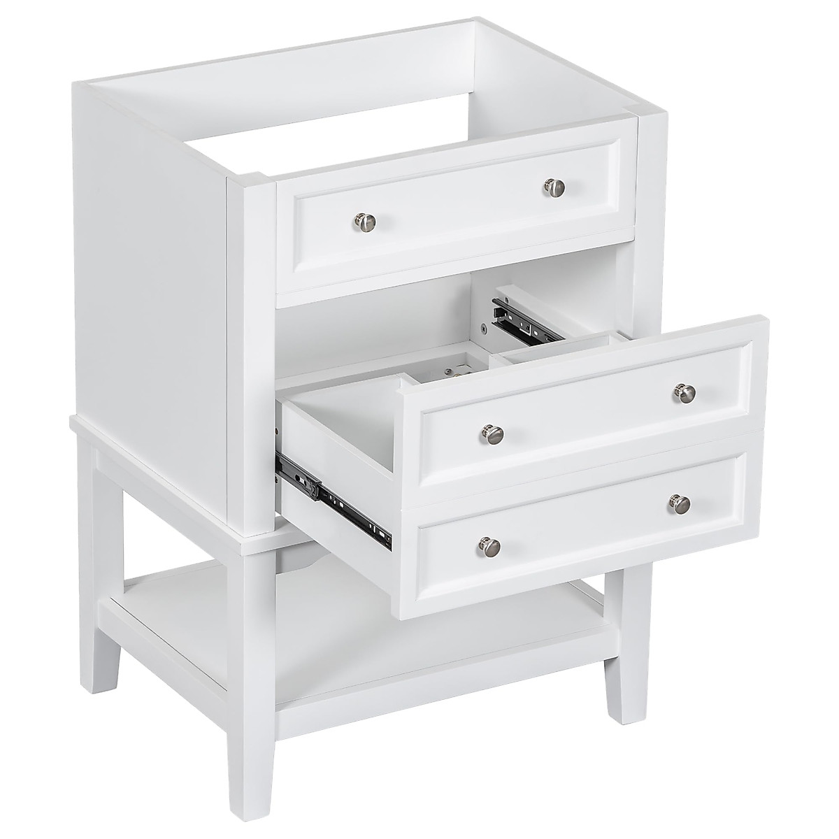 LZ LEISURE ZONE 24" Bathroom Vanity Without Sink, Base Only, Solid Wood Frame, Bathroom Storage Cabinet with Drawer and Open Shelf, White
