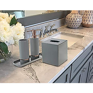 Bathroom Accessories - Set of 4 Includes Decorative Soap Lotion Dispenser, Tumbler, Tissue Box, Tray for Modern Farmhouse Bath Decor Kitchen Countertop Organizer Housewarming Gift - Grey