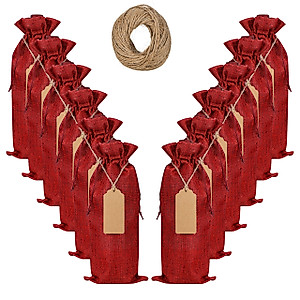 Reusable Burlap Wine Bag, 12 pcs Wine Bottle Gift Bags with Drawstring,Tags and Ropes for Gift,Christmas,Wedding,Birthday, Holiday Party,etc. (Blue)