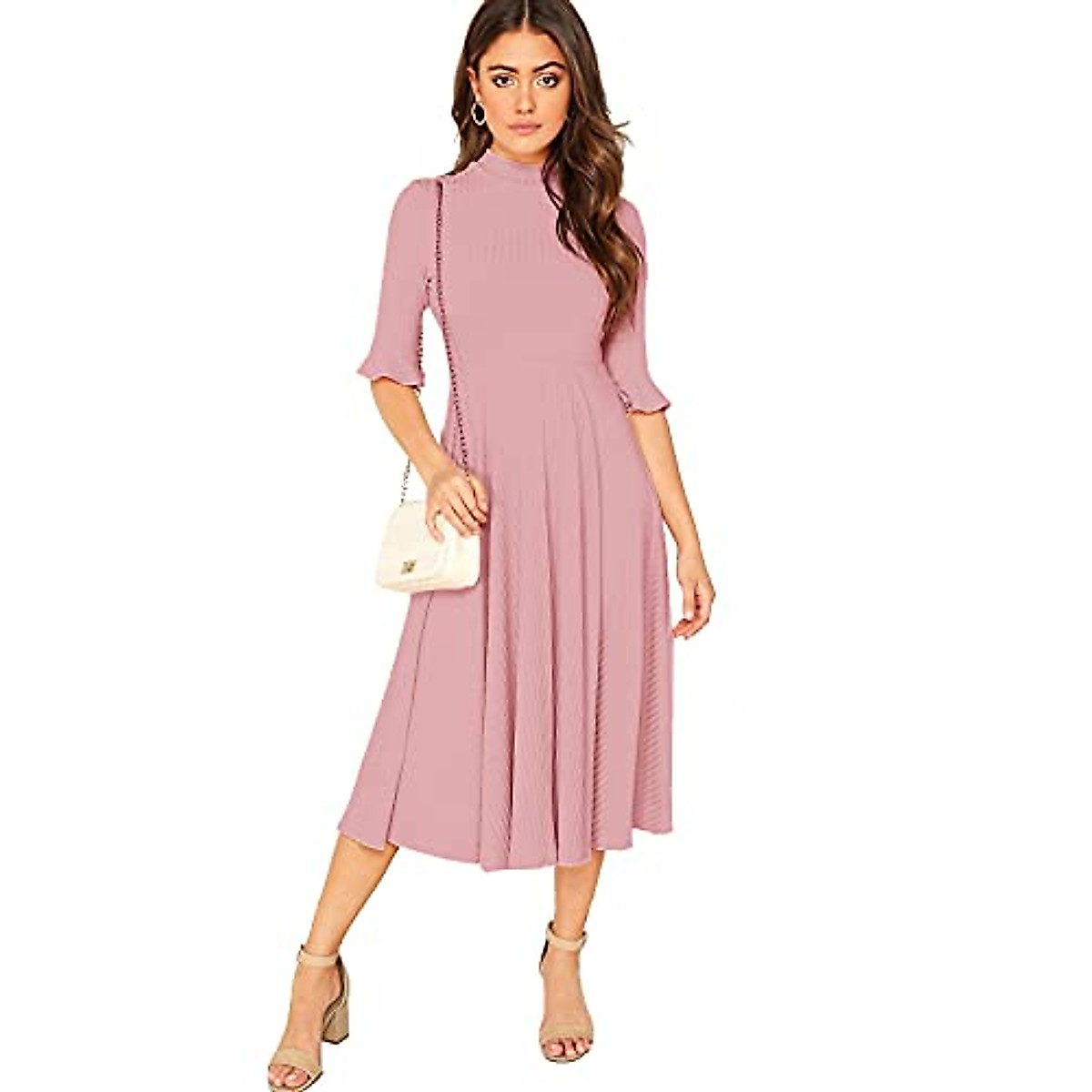 Verdusa Women's Elegant Ribbed Knit Bell Sleeve Fit and Flare Midi Dress Pink L