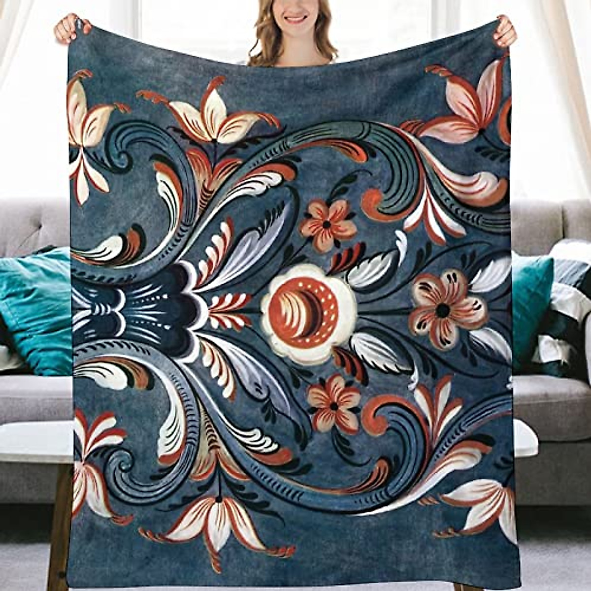 Norwegian Rosemaling Folk Style, Fleece Blanket Ultra-Soft Cozy Plush Blanket Throw Blankets Couch Chair Living Room Air Conditioning Cool Blankets, 50"*60"