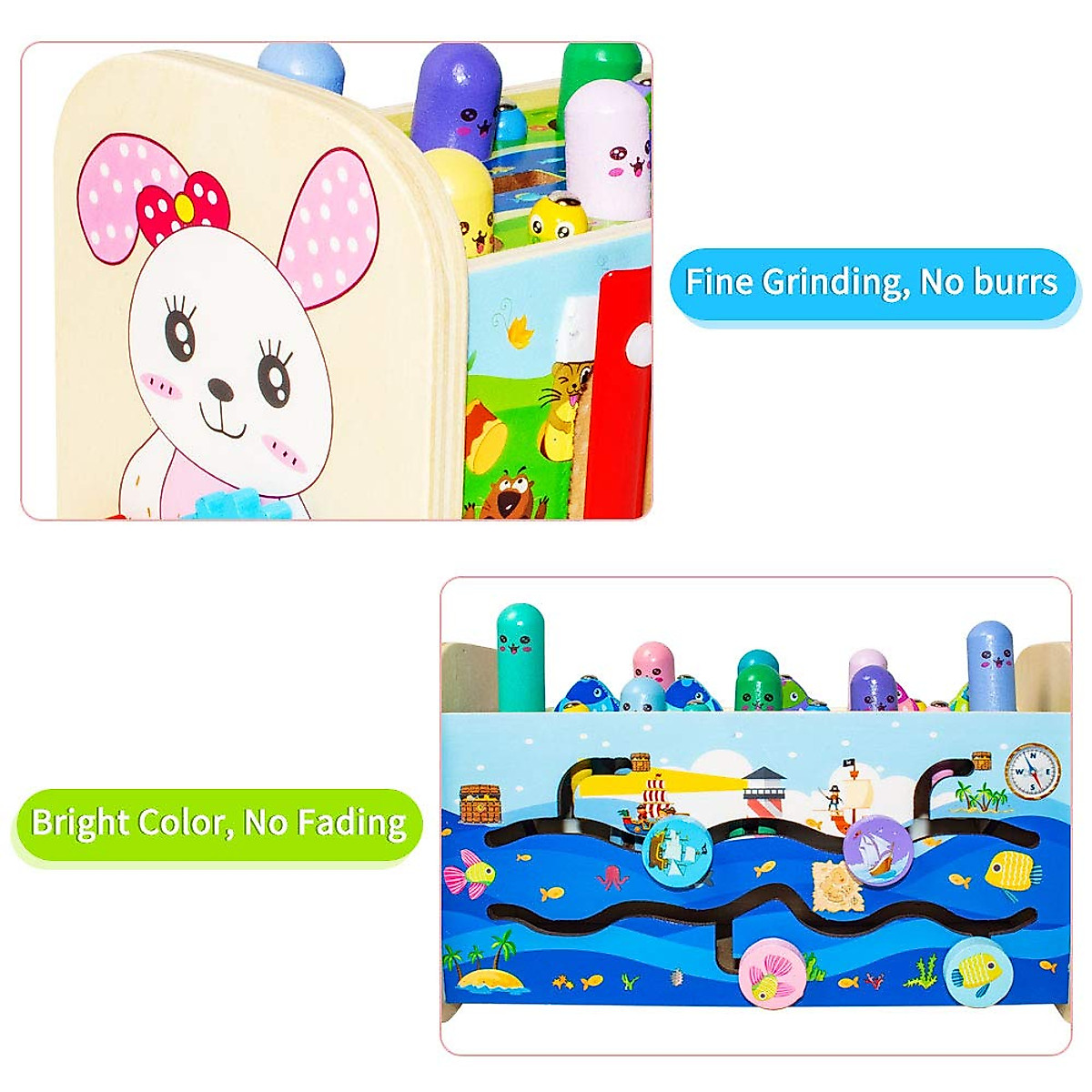 Aomola Wooden Hammering Pounding Toy Bench with Fishing Game, Xylophone, Moving Gears, Clock, Educational Montessori Musical Toys Gifts for Toddlers Kids Baby Boys Girls