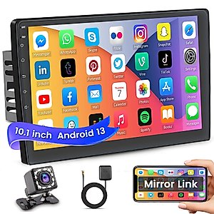Hikity 10.1 Inch Android Car Stereo Touch Screen Double Din Car Radio WiFi Bluetooth GPS Navigation FM Radio Support Mirror Link for Android/iOS Phone, with 12 Led Lights HD Rear View Camera