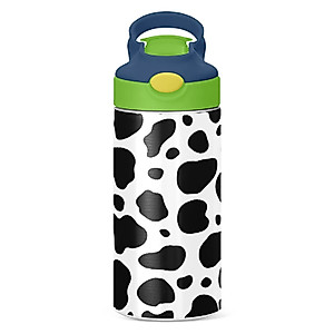 Black & White Cow Print Kids Water Bottle, BPA-Free Vacuum Insulated Stainless Steel Water Bottle with Straw Lid Double Walled Leakproof Flask for Girls Boys Toddlers, 12Oz