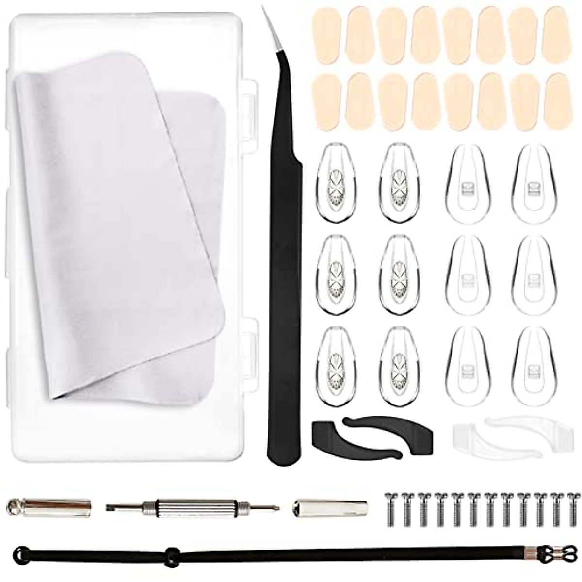 Damanse Eyeglass Repair Kit with Air Chamber Silicone Eyeglass Nose Pads,Screwdriver,Tweezer,Screws,Anti-Slip Ear Grips,Soft Foam Nose Pieces,Adjustable Glasses Strap,Sunglasses Cloth