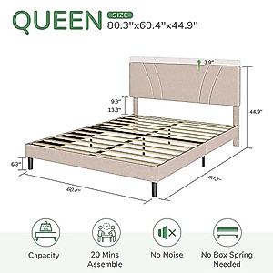 Novilla Queen Size Platform Bed Frame with Adjustable Headboard Upholstered Bed Frame Queen No Box Spring Needed, Noise Free, Easy Assembly, Beige