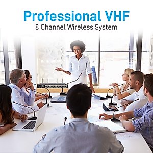 Pyle 8 Channel Wireless Microphone System - Portable VHF Cordless Audio Mic Set with 1/4" and XLR Output, Dual Antenna, - Includes 8 Table Top Mics, Rack Mountable Receiver Base - Pyle PDWM8300,Black