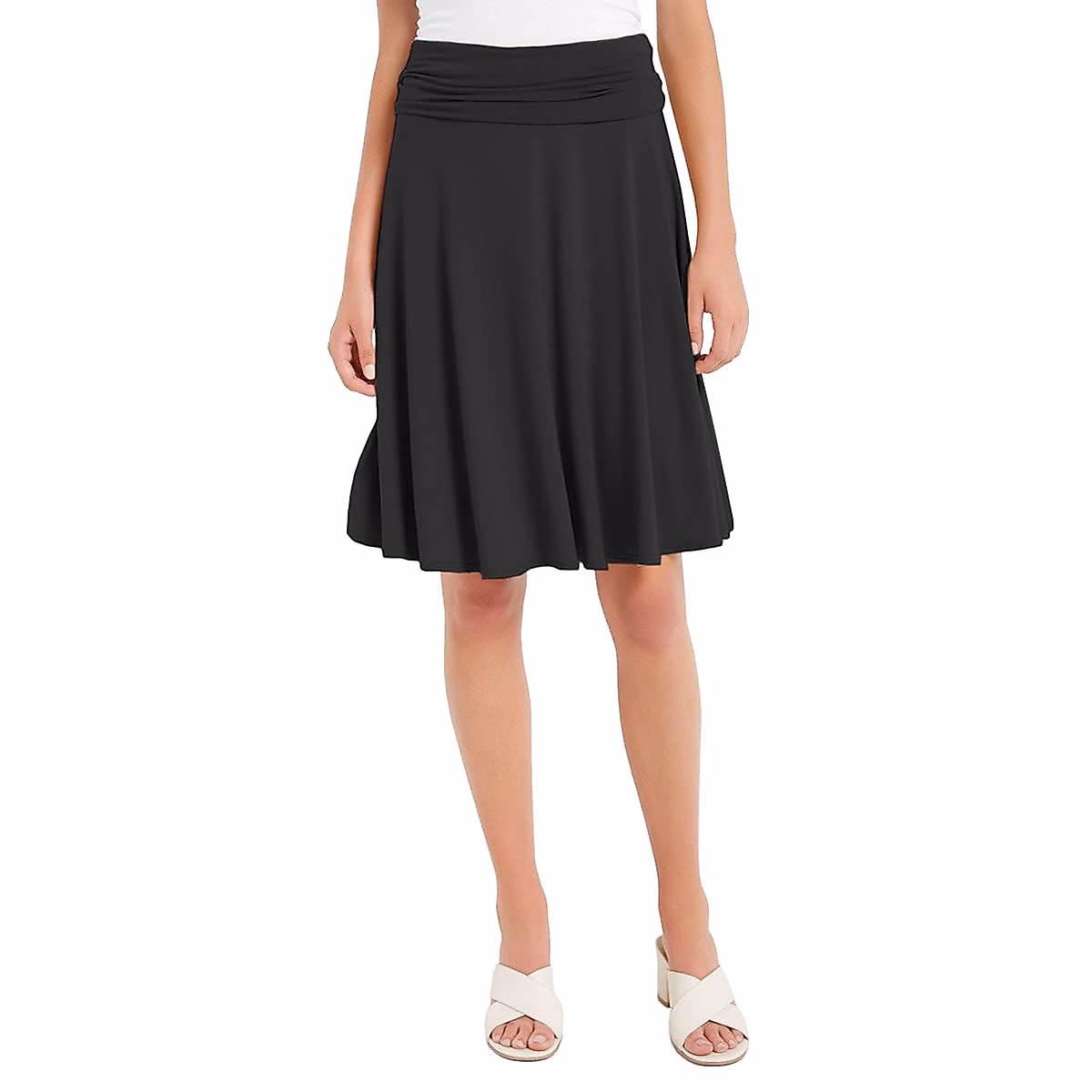 12 Ami Solid Basic Fold-Over Stretch Midi Short Skirt Black Large