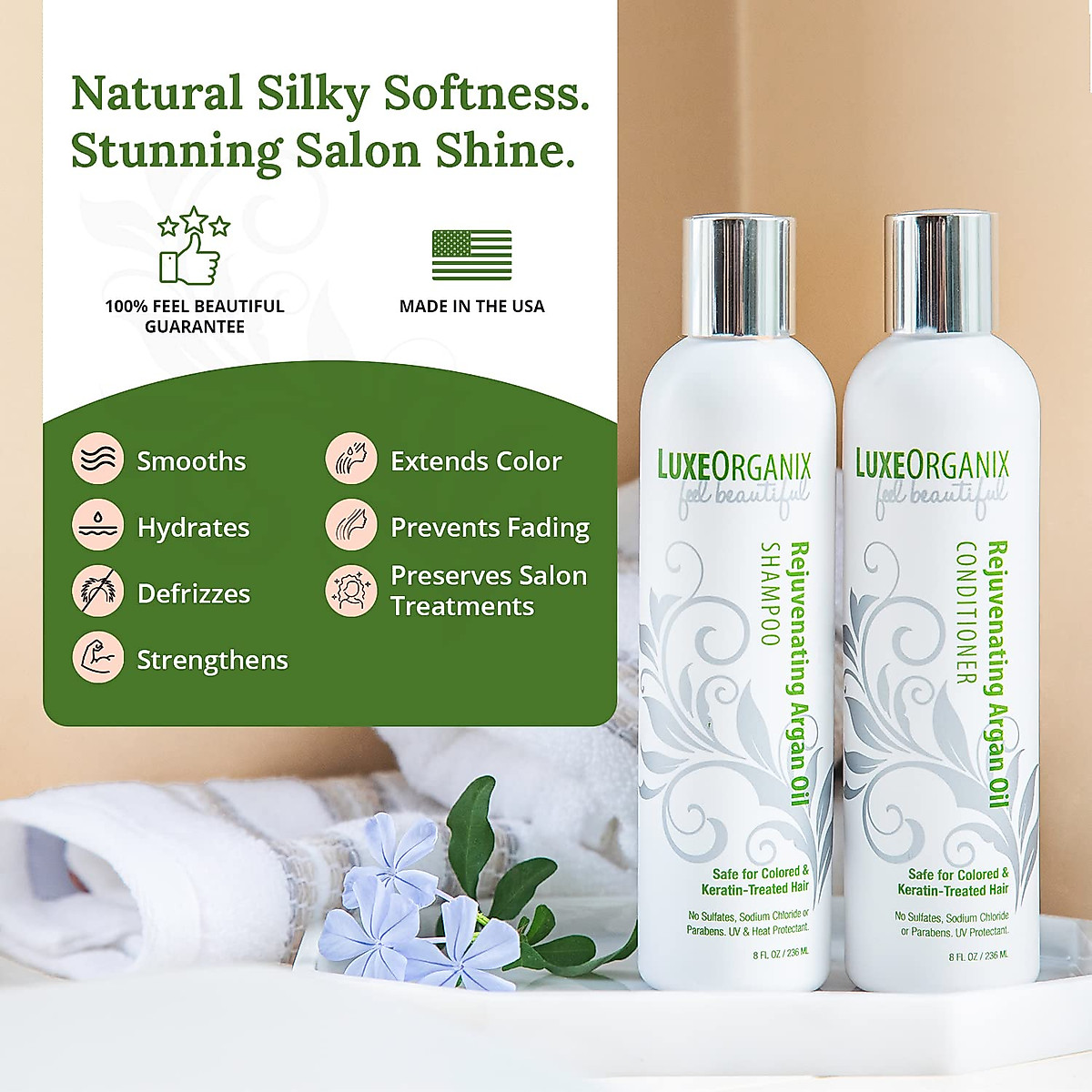 LuxeOrganix Sulfate Free Shampoo and Conditioner: Keratin Safe & Paraben Free - Moroccan Argan Oil Smooths & Moisturizes, Best for Dry, Damaged, Frizzy, & Curly Hair (8oz Set)