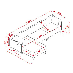 kevinplus 108.6'' Sectional Sofa Couch with USB for Living Room, Modern 3-Seat L-Shape Sectional Sofa Couch with Convertible Chaise Ottoman, for Bedroom Home Office Apartment, Golden Metal Legs, Beige