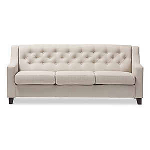 Baxton Studio Gervaise Modern and Contemporary Fabric Upholstered Button-Tufted Living Room 3-Seater Sofa, Light Beige