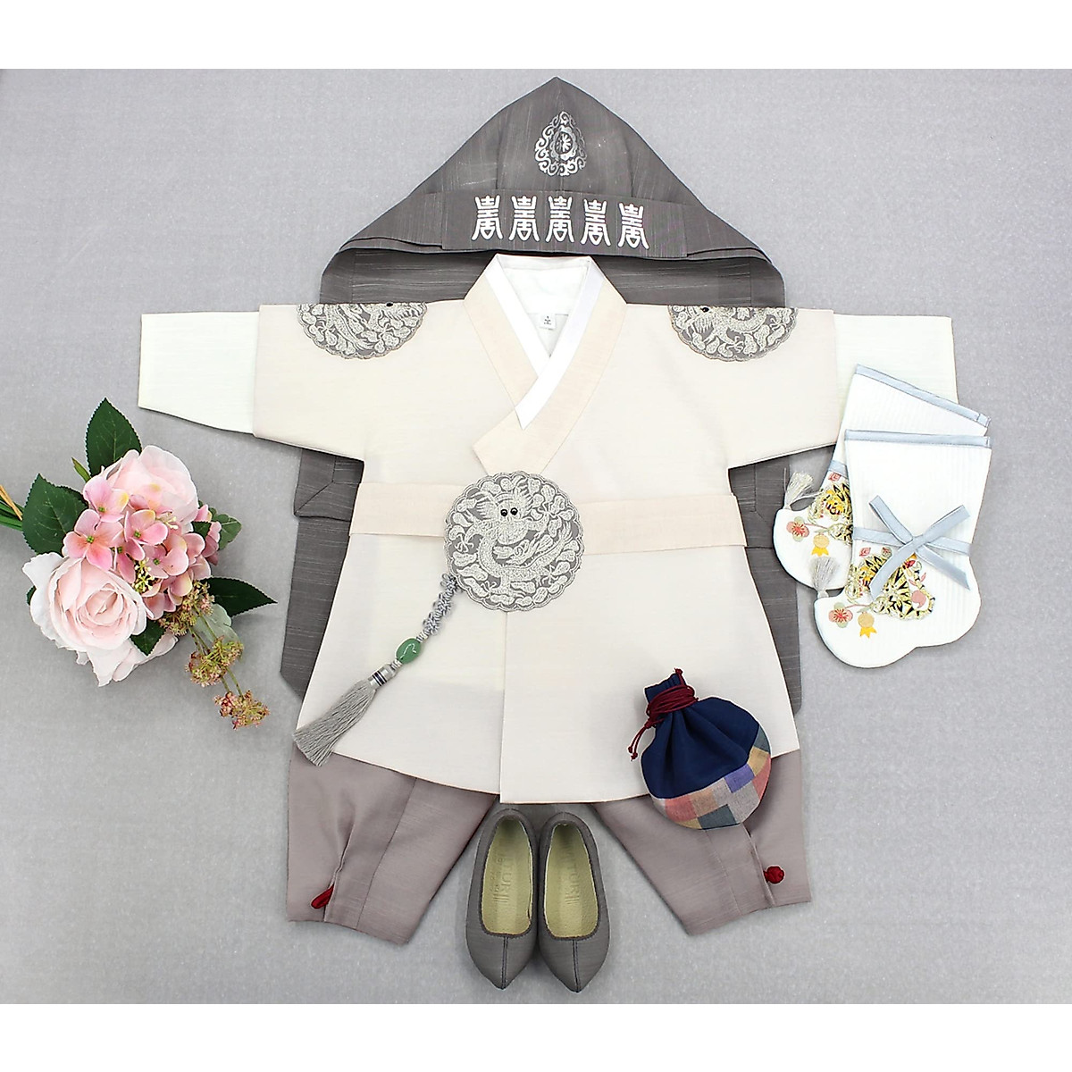 Korean Hanbok Boy Baby Traditional Kings Design Clothing Set Beige 100th days to 8 ages ddb003 (100th days hanbok)
