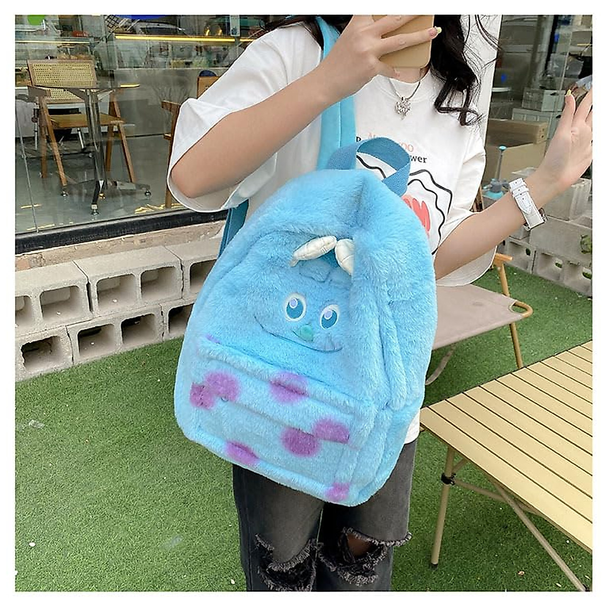 HOKMAH Kawaii Fuzzy Backpack Daypack, Cute Y2K Fluffy Animals Design Chic Cartoon Furry Daypack Bookbag Daily Use Shoulder Bag (blue)