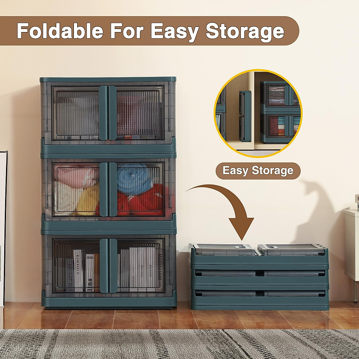 BROVIEW V6 Storage Bins with Lids, 102 QT Stackable Storage Bins with Wheels, Collapsible Storage Bins with Doors, Folding Storage Cabinets for Closet, Home Office Dorm Organizer Essential, Green