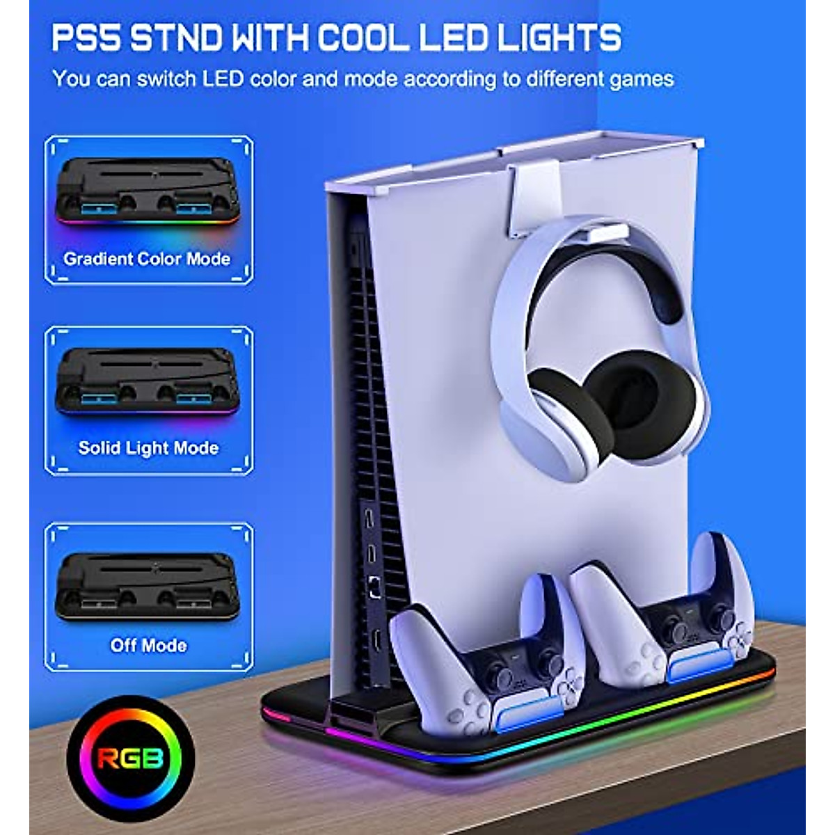 PS5 Stand with 4 Level Cooling Fan and RGB LED, Dual Fast PS5 Controller Charging Station for PS5 Digital/Disc, Accessories Incl. 6 Game Storage, Headset Holder, Dust Baffle