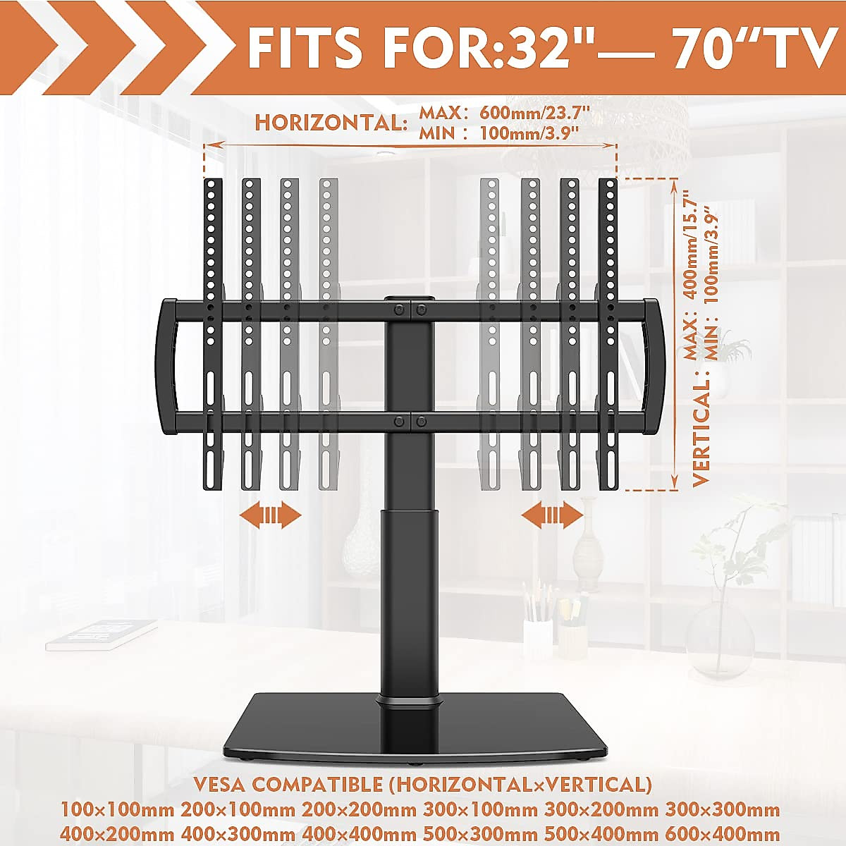 Universal Tabletop TV Stand with Wall Mount for 32 to 70 inch 4 Level Height Adjustable, Heavy Duty Tempered Glass Base, Holds up to 110lbs Screens, HT03B-002