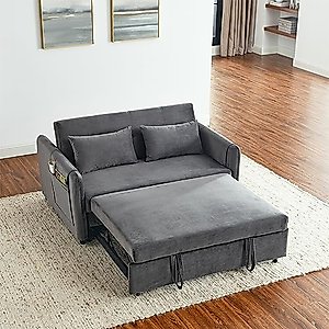 Mbolyeer 54" Modern Convertible Sleeper Sofa Bed, Velvet Loveseat Sofa Couch w/Pull-Out Bed, Seat with Adjustable Backrest, Lumbar Pillows, and Living Room Side Pockets, Gray