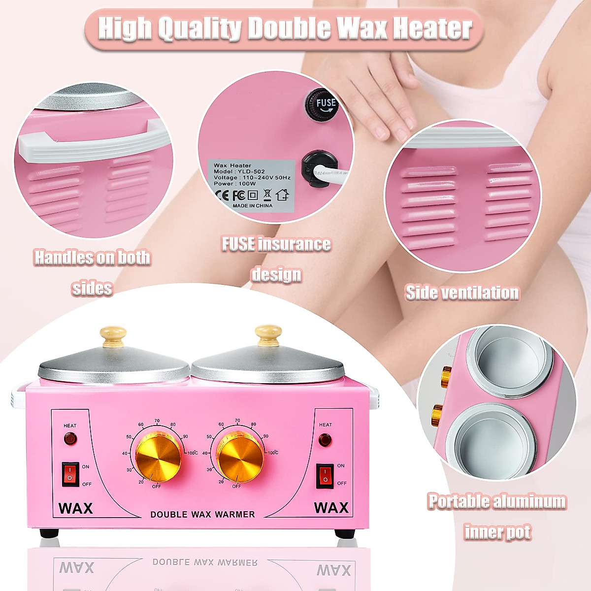 Double Wax Warmer Electric Wax Warmer Professional Machine for Hair Removal, Wax Heater for Paraffin Facial Skin Body Spa Salon Equipment with 100 Waxing Cloth And 50 Removal Wooden Craft Sticks